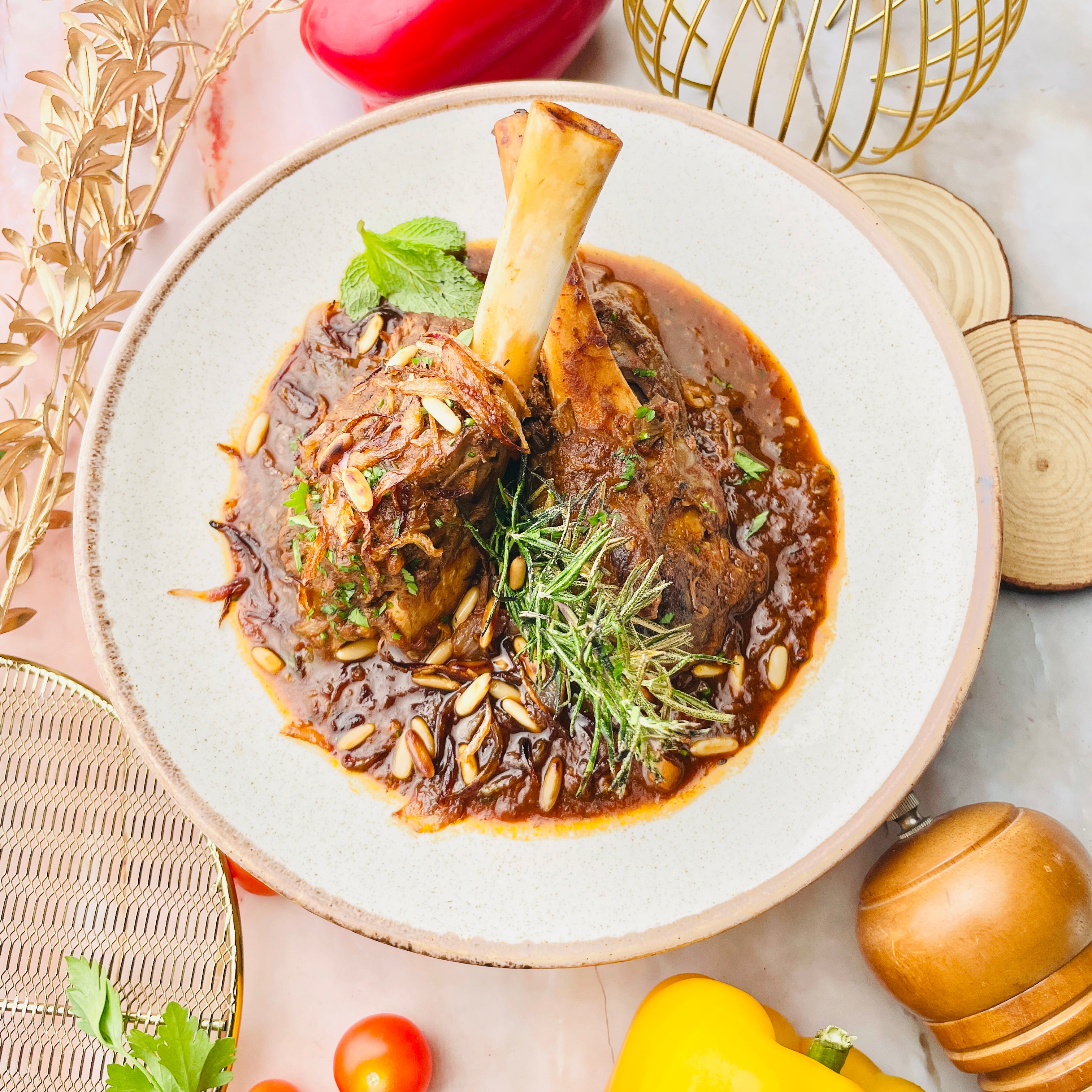 Braised Australian Lamb Shank, Arabic Tomato Gravy – Basiligo